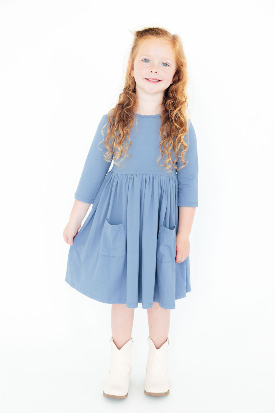 Dusty Blue 3/4 Sleeve Pocket Twirl Dress – Grace + Faith Boutique